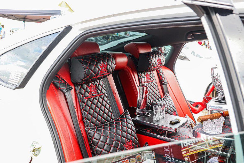VIP Car Interior Set Black With Red Diamond Stitch Pillows