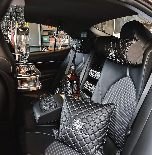 VIP Car Interior Set Black With White Diamond Stitch Pillows