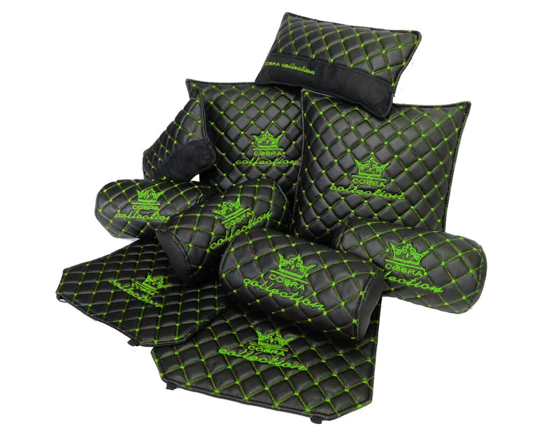 VIP Car Interior Set Black With Green Diamond Stitch Pillows