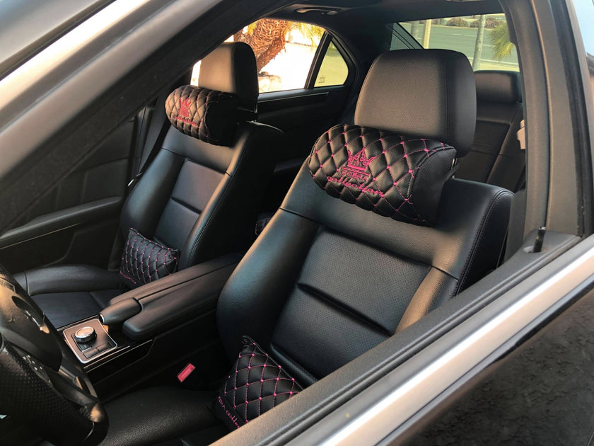 VIP Car Interior Set Black With Pink Diamond Stitch Pillows